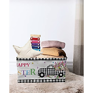 Storage Bins,Spring Truck Bunny Tail Pink Tulip Flower Black White Check Easter Storage Basket with Handles,Waterproof Collapsible Storage Bin,Rabbit Flower Butterfly Storage Organizer Shelves Closet