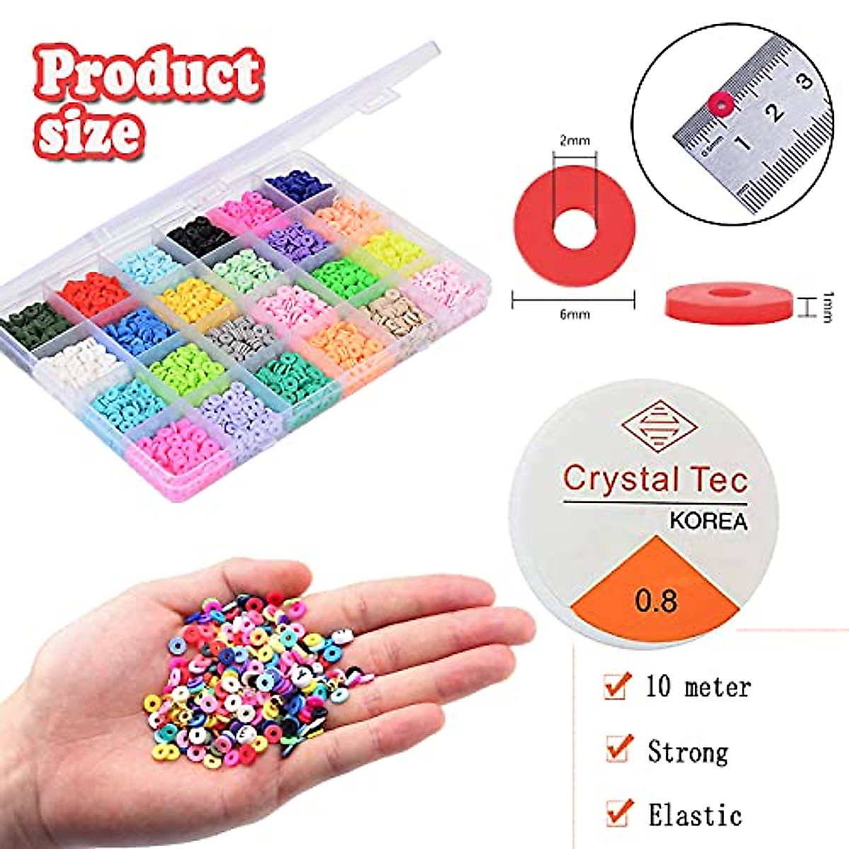 Dulzod 4800Pcs Clay Beads for Jewelry Making Bracelet Kit,Flat Round Polymer Heishi Clay Beads with Pendant and Jump Rings Smiley Letter Beads for Bracelets Necklace Earring DIY Craft-24 Colors 6mm