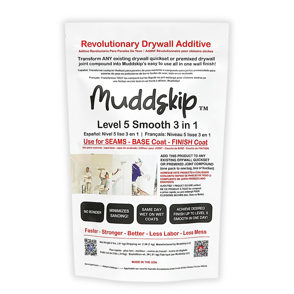 Muddskip Level 5 Smooth 3 in 1 Drywall Additive for Seams, Base & Finish Coats - Transforms Quickset or Joint Compound Into All in One Wall Finish – No Sanding, Same Day Wet On Wet Coats – 2 lb. Bag