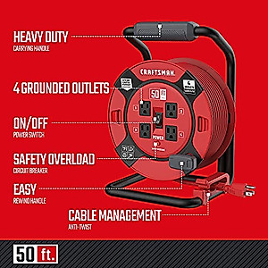 CRAFTSMAN Retractable Extension Cord Reel 50 Ft. With 4 Outlets & Heavy Duty 14AWG SJTW Cable