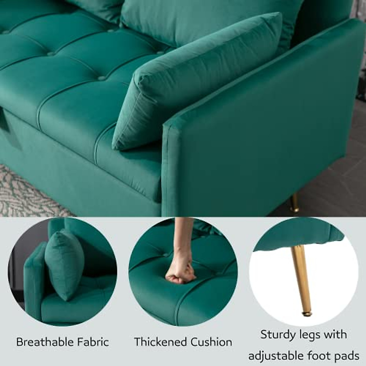 LukeAlon Modern 52" Wide Velvet Loveseat Sofa, Button Tufted Upholstered Counch with Gold Metal Legs Classic Storage Love Seats with Pillows for Living Room Small Places, Green