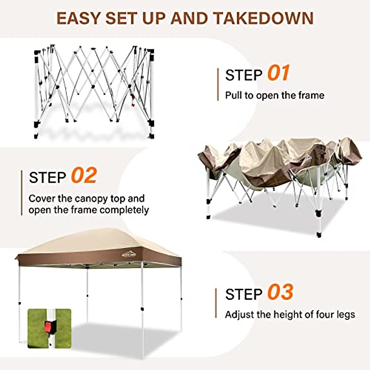 AIGOCANO Canopy Tent,Outdoor 10x10 Pop Up Canopy, Instant Tents for Parties with Roller Bag,4 Sandbags,Portable Easy Up Canopies (Brown)