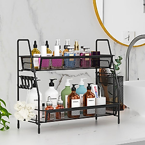 VITVITI 2-Tier Bathroom Organizer Countertop, Metal Wire Mesh Bathroom Counter Organizer Storage with Basket Hooks, Vanity Tray Shelf, Kitchen Spice Rack, Black