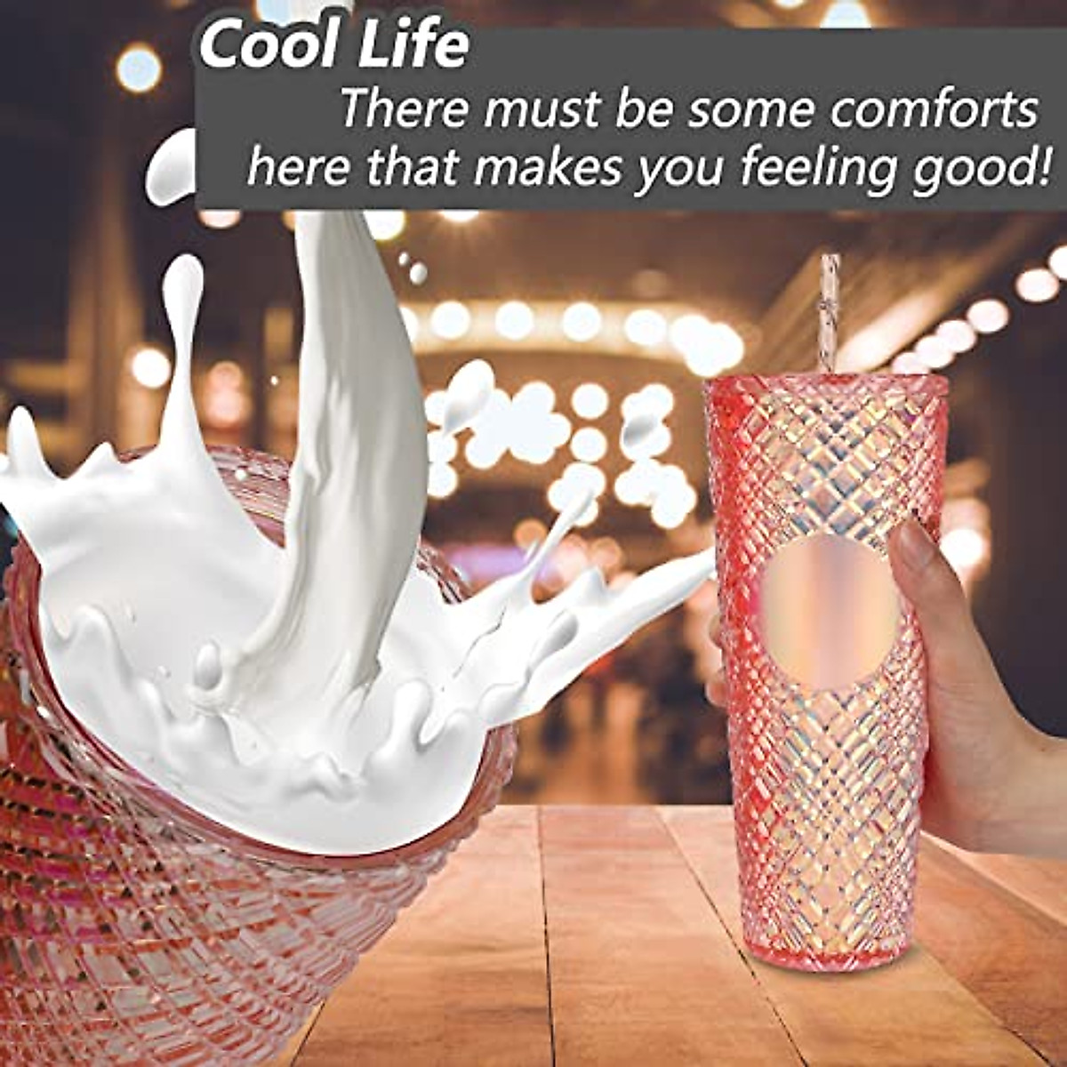 EVERGLITTER 24oz Rose Gold Jeweled Tumbler with Lid and Straw,BPA-FREE,Plastic Double Wall Insulated Water Bottles with Straw,Jeweled Cups with Lid Leakproof,Pink Tumbler Gifts for Women,Keep Colds