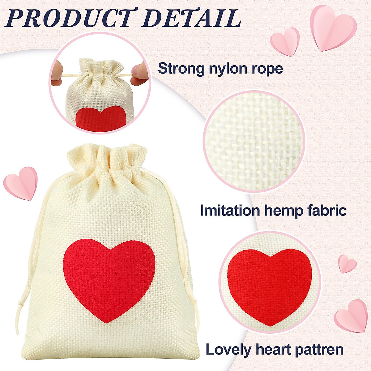 40 Pcs Valentine's Gift Bag Heart Burlap Bags 4 x 6 Inch Valentine's Day Burlap Drawstring Bag Candy Pouches Wedding Favors Small Jewelry Bags for Wedding Birthday Baby Shower Valentine's Day