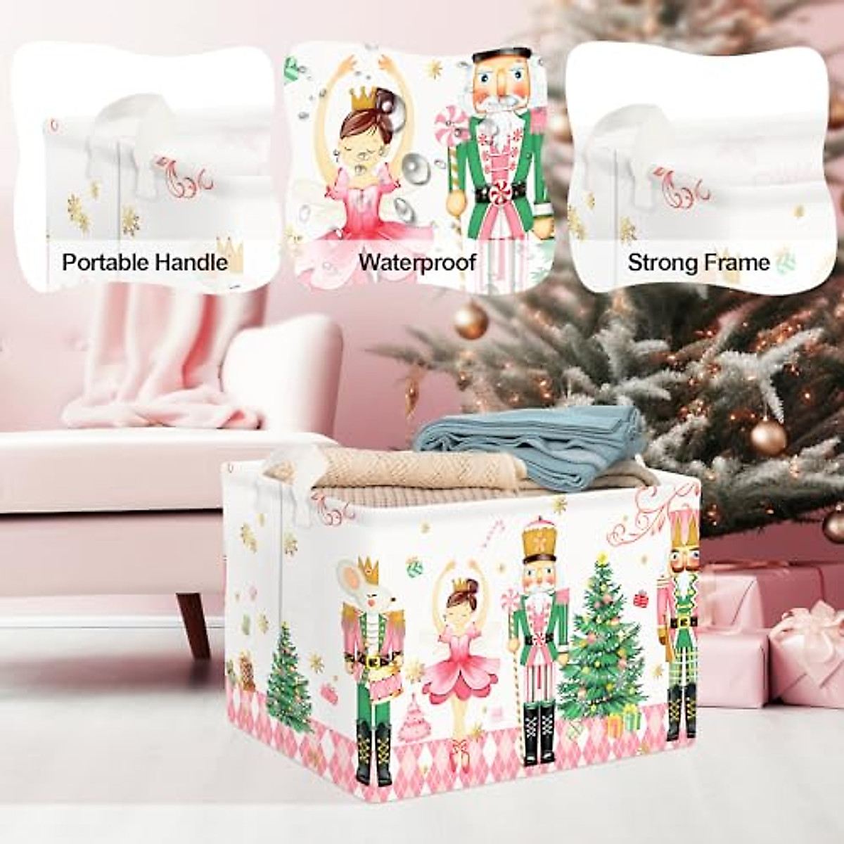 Clastyle Large Pink Nutcracker Decor Basket Diamond Plaid Christmas Tree Gift Basket Soldier Mouse Ballet Girl Clothes Storage Cube Collapsible Rectangle Toy Book Shelf Basket