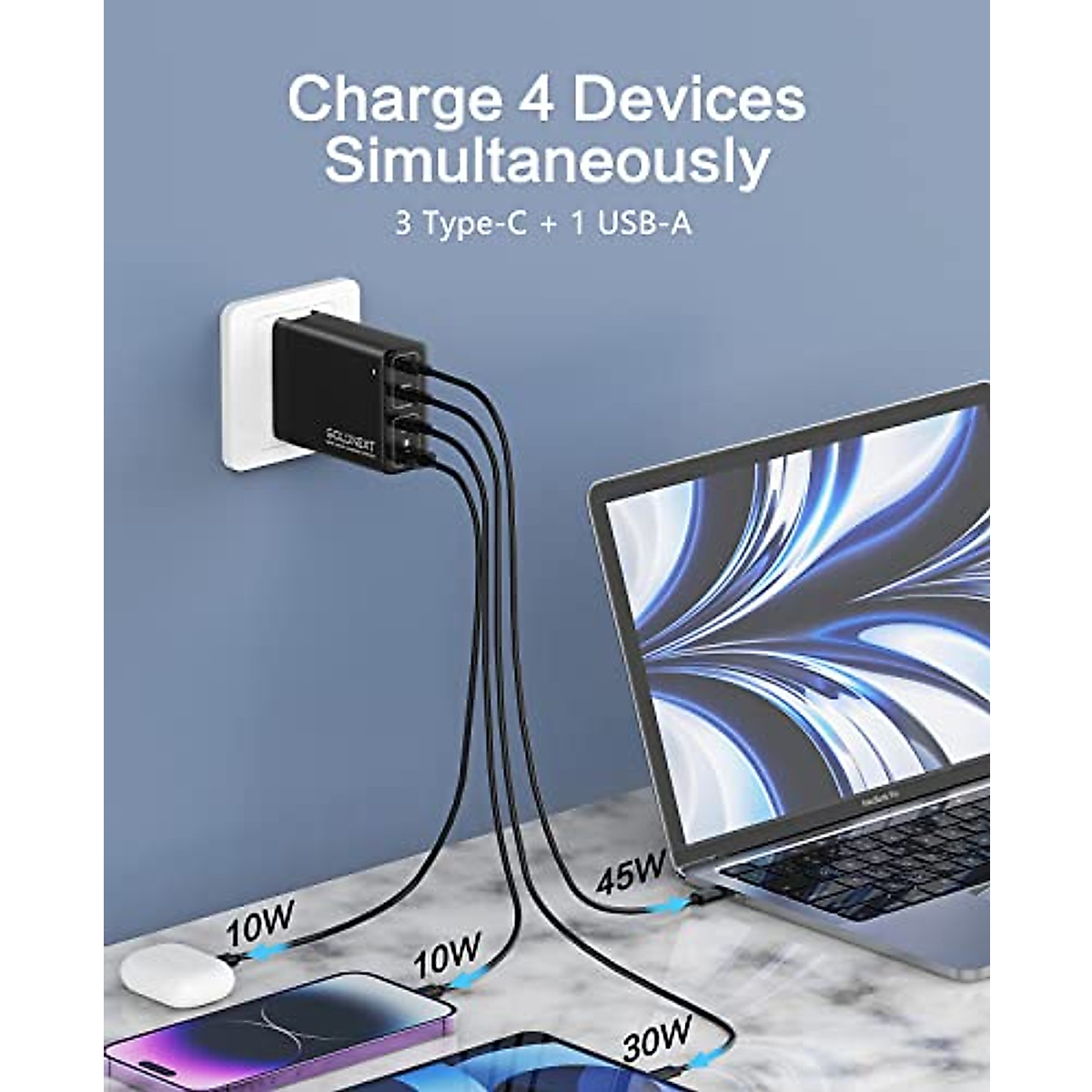 100W USB C Wall Charger,GaN III 4-Port PPS PD Fast Charging Station,GOLDNEXT Foldable Power Block with Type C Cable Compatible with MacBook Pro/Air,XPS,iPad Pro,iPhone14/13 Max,Galaxy S22/S21,Pixel 7