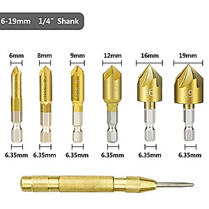 Hex Shank Countersink Drill Bit 6-19mm Set Titanium Coated 5 Flute Hole Drill 90 Degrees Wood Chamfering 6Pcs (Color : 6pcs with Punch)