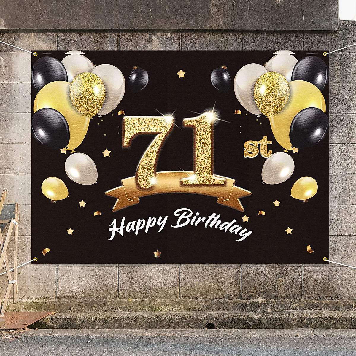 PAKBOOM Happy 71st Birthday Banner Backdrop - 71 Birthday Party Decorations Supplies for Men - Black Gold 4 x 6ft