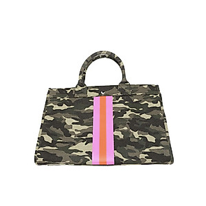 Milly Kate Camouflage Tote Handbag with Stripes, Stylish, Trendy, Preppy, Fashionable, Upscale Bag, Detachable Strap, Inside Pockets, Designer Purse Exclusive to, 10” x 15”
