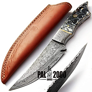 PAL 2000 HUNTING KNIVES KNI-9399 Handmade Damascus Steel Bowie Knife With Leather Sheath