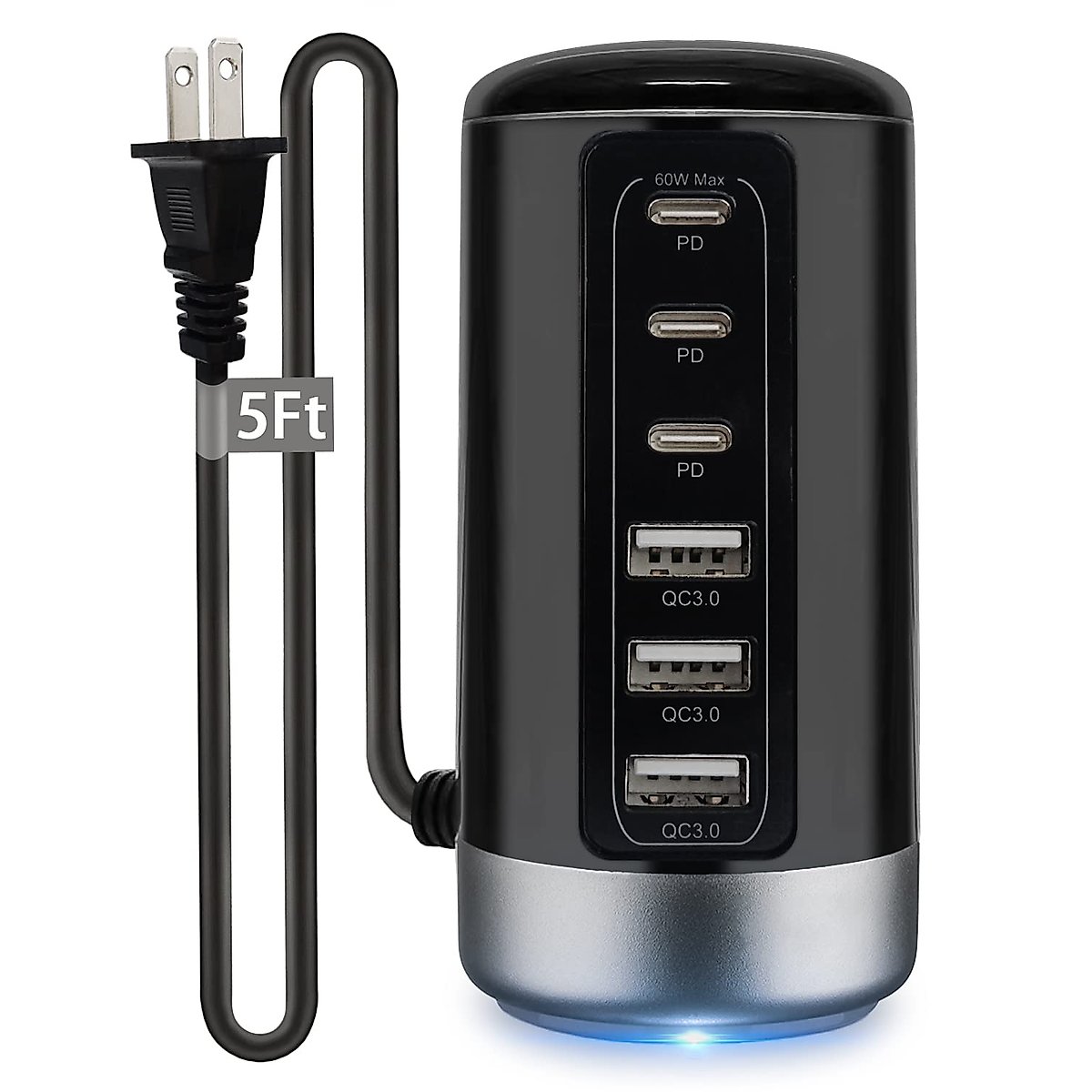 Universal USB & USB C Tower Fast Charging Station 6-Port 60W - Compact, Space-Saving Design with Multiple USB & USB-C Ports for All iPhone Galaxy Note Pixel iPad Multiple Devices