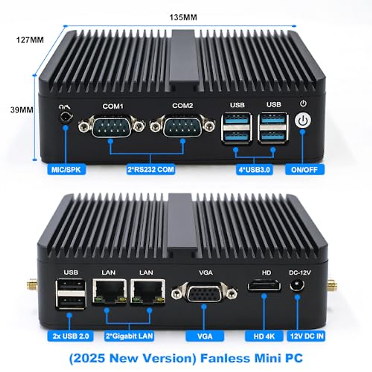 WEIDIAN Fanless Mini PC Industrial Win 11 Pro Celeron J4125 8GB RAM 128GB SSD, 2*COM RS232, 2*Gigabit LAN, 2*Displays HD VGA Small Desktop PC Computer for Industrial Business Office Auto Power On