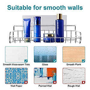 GEMITTO Shower Caddy, SUS304 Stainless Steel Self-Adhesive Bathroom Organizer Rack with 2 Stickers+2 Hooks, No Drilling for Shampoo Conditioner Kitchen Spice Storage Silver