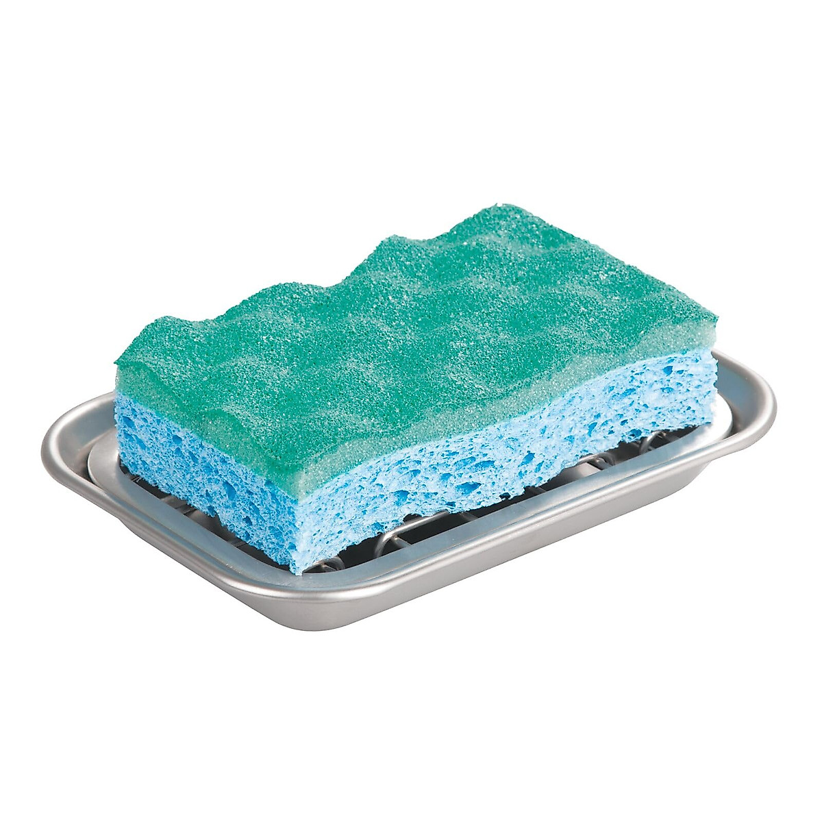 mDesign 2-Piece Soap Dish for Kitchen Sink - Bar of Soap Holder with Drainage Grate for Kitchen - Countertop Caddy Dish Rest for Scrubber, Sponge and Brushes - Unity Collection, 2 Pack, Brushed Chrome