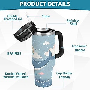 FRCSDIY Rainbow Whale Insulated Tumbler with Handle and Straw Lid,30oz Leakproof Stainless Steel Cup BPA-Free Water Bottle