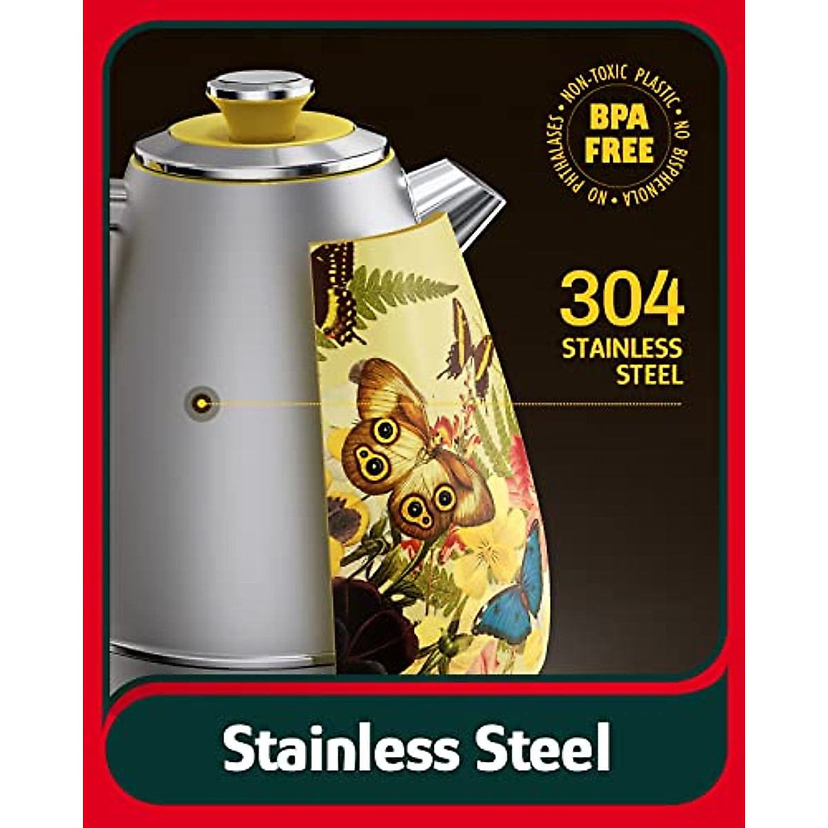 Hazel Quinn X Eduardo Recife Collaboration Electric Kettle with Thermometer - 1.7 Litres / 57.5 Ounces Retro Tea Kettle, All Stainless Steel, Fast Boiling 1200W, Cordless, BPA-free, Automatic Shut-Off