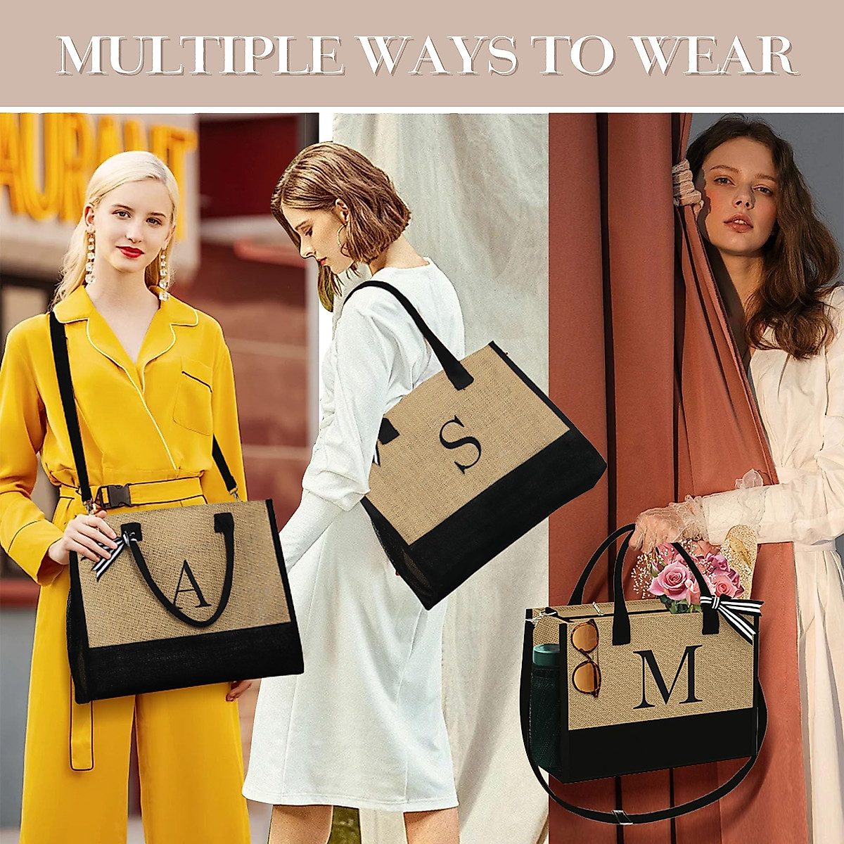 YOOLIFE Birthday Gifts for Women - Gift for Women, Teacher Gifts, Easter Basket, A Initial Tote Bag for Female Her Friend Sister Mom Birthday Gift for Her Mom Wife, Jute Initial Beach Tote Bag