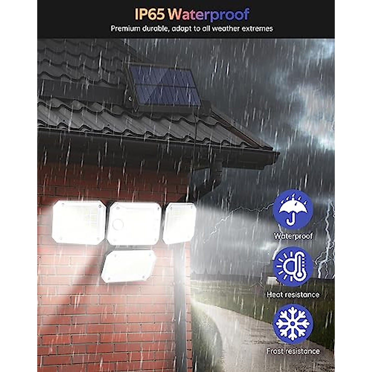 UTEBIT Solar Motion Sensor Flood Light, 4 Heads LED Security Lights, IP65 Waterproof Outdoor Wall Light, 3000LM Snowflake Lights, USB Chargeable 3 Modes Garden Yard Solar Lights for Outside