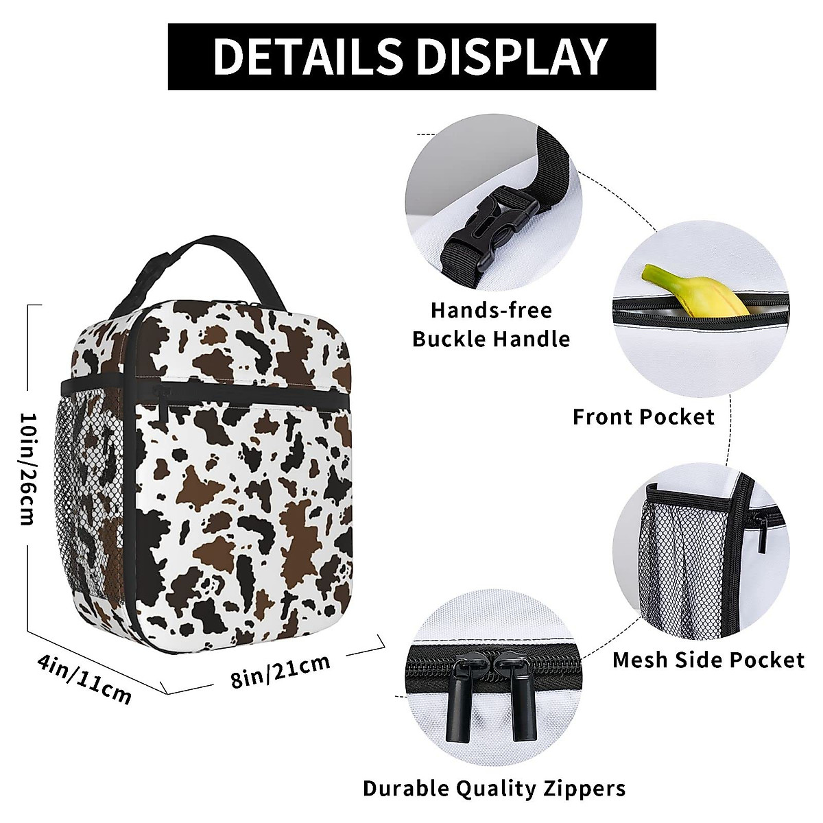 tiehrpr Fashion Cow Print Reusable Insulated Lunch Box Cooler Tote Bag Unisex Handle Lunchbox For Office/Hiking/Camping/Picnic/Beach