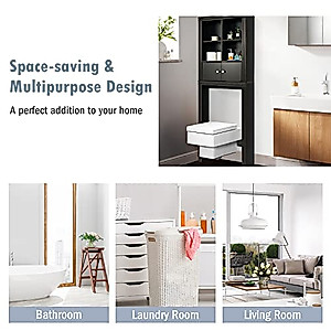 LOKO Over The Toilet Storage Cabinet, 2-Door Tall Bathroom Organizer w/ 4 Open Compartments & Adjustable Shelves, Modern Simple Toilet Space Saver, Ideal for Bathroom Laundry Balcony (Espresso)