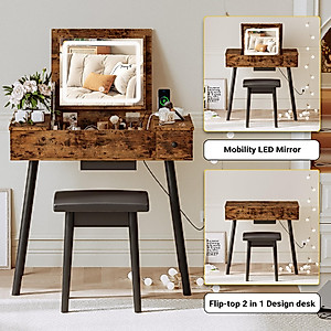 IRONCK Vanity Desk Set with LED Lighted Mirror & Power Outlet, Flip Top Makeup Vanity Table with Drawers & Cabinet,for Bedroom, Bathroom, Vintage Brown