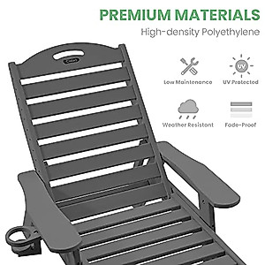 Chaise Lounge for Outdoor, Patio Lounge Chairs for Outside, Chaise Lounge Chair with 6 Positions, HDPE Lounge Chair with Cup Holder for Pool Poolside Deck Backyard Lawn, Grey