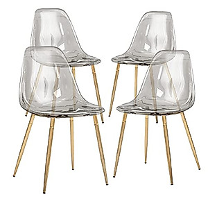 CangLong Clear Dining Chairs Set of 4, Modern Kitchen Acrylic Chairs with Transparent Seat, Plastic Accent Side Chair with Metal Legs, for Kitchen, Dining & Living Room, Ash Transparent