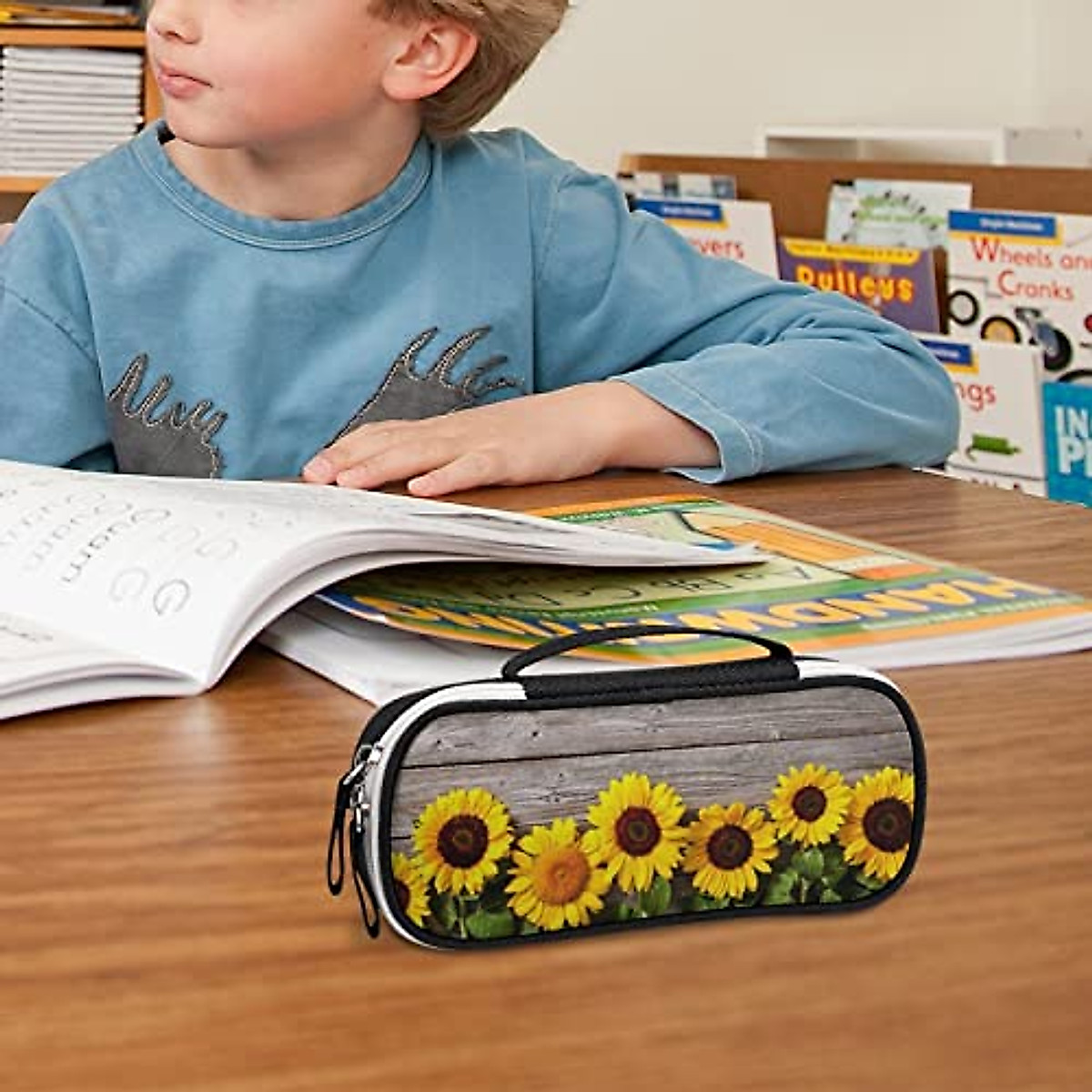 Autumn Sunflower Planks Printed Pencil Case Bag Stationery Pouch with Handle Portable Makeup Bag Desk Organizer