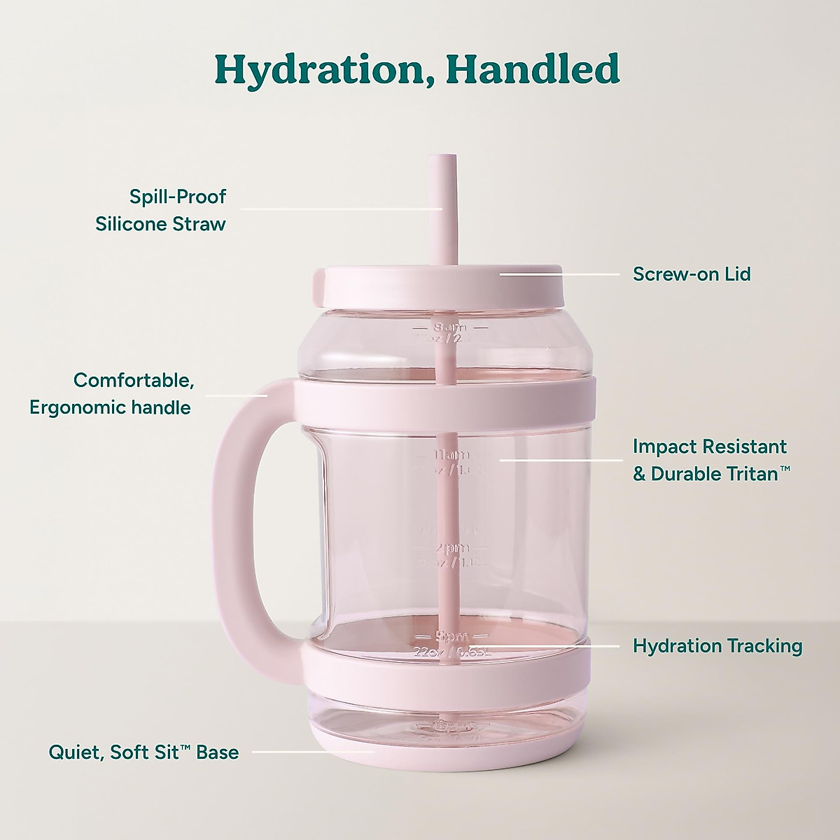 Reduce WaterDay 80 oz Water Jug with Time/Ounce Markings - Spill-Proof Straw, Durable Tritan - Big Water Bottle for Daily Hydration - Dishwasher Safe, Clear & Easy to Clean, Pink Quartz