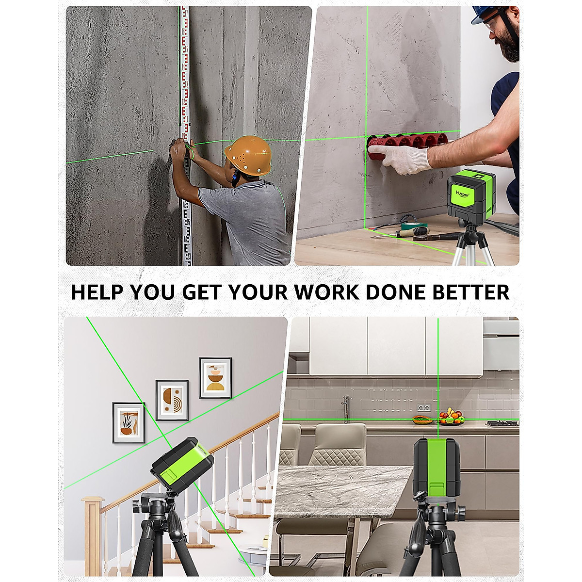 HUEPAR Laser Level Self-Leveling - 100 feet DIY Bright Green Cross Line Laser Leveler for Picture Hanging, Tile, Decoratio and Construction Indoor Project, 360° Magnetic Base & Battery Included