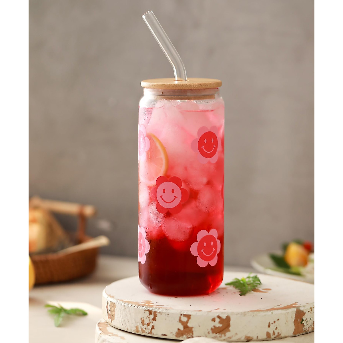 Olvini 20oz Glass Cups with Bamboo Lids and Glass Straws Set of 2 - Can Shaped Drinking Glasses, Cute Iced Coffee Cup, Glass Tumbler, Aesthetic Cups, Smiley Face