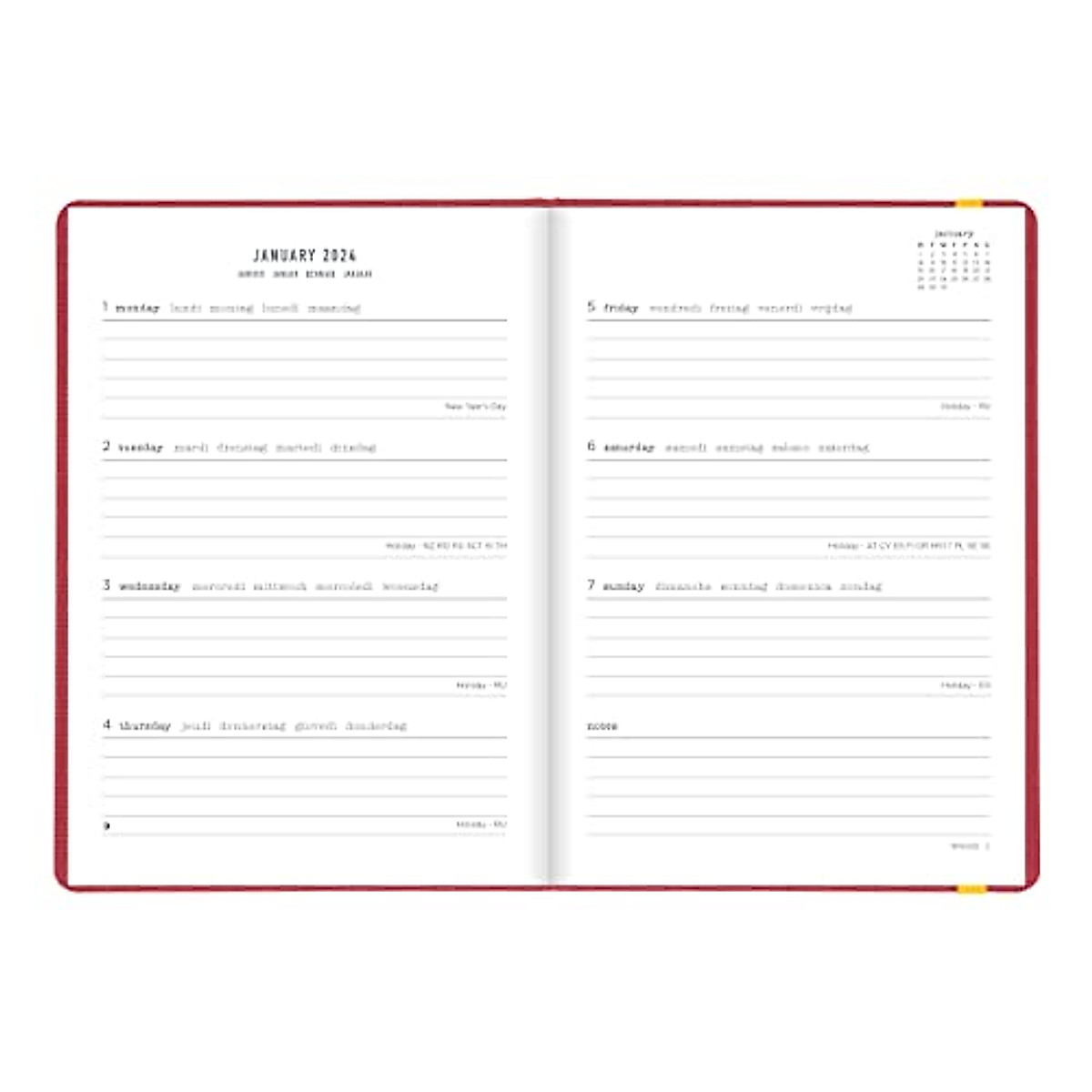 Letts of London Raw Weekly/Monthly Planner, 12 Months, January to December, 2024, Sewn Binding, A5 Size, 8.25" x 5.875", Multilingual, Berry (C082310-24)