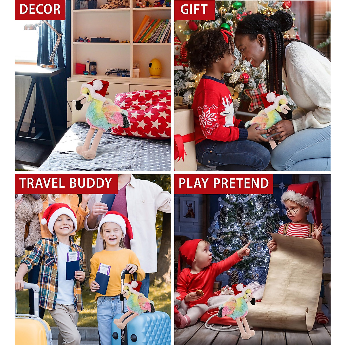 DolliBu Santa Rainbow Flamingo Stuffed Animal Plush Toy - Wild Animal Dress Up with Red Santa Claus Hat, Cute Wildlife Gift, Perfect Holiday with Name Personalization - 8 Inches