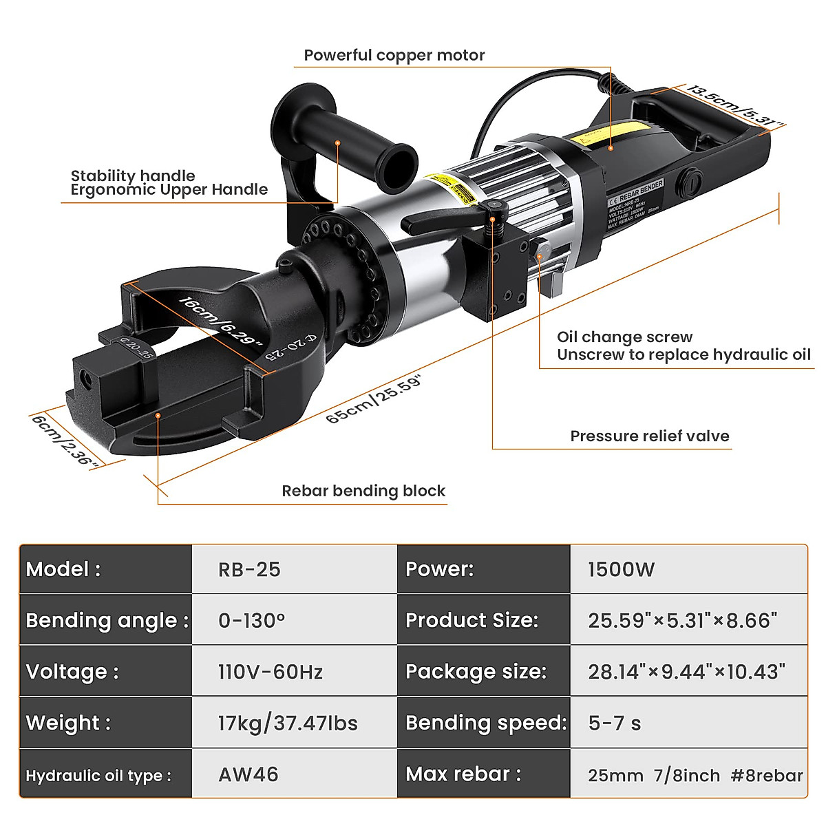 Anbull 1500W Electric Rebar Bender,Hydraulic Rebar Bending Machine Bending up to 1 Inch #8 25mm Rebar with an Extra Set of 10-18mm #3 - #6 Rebar Bending Head, Rebar Bending Angle 90 Degrees or Greater