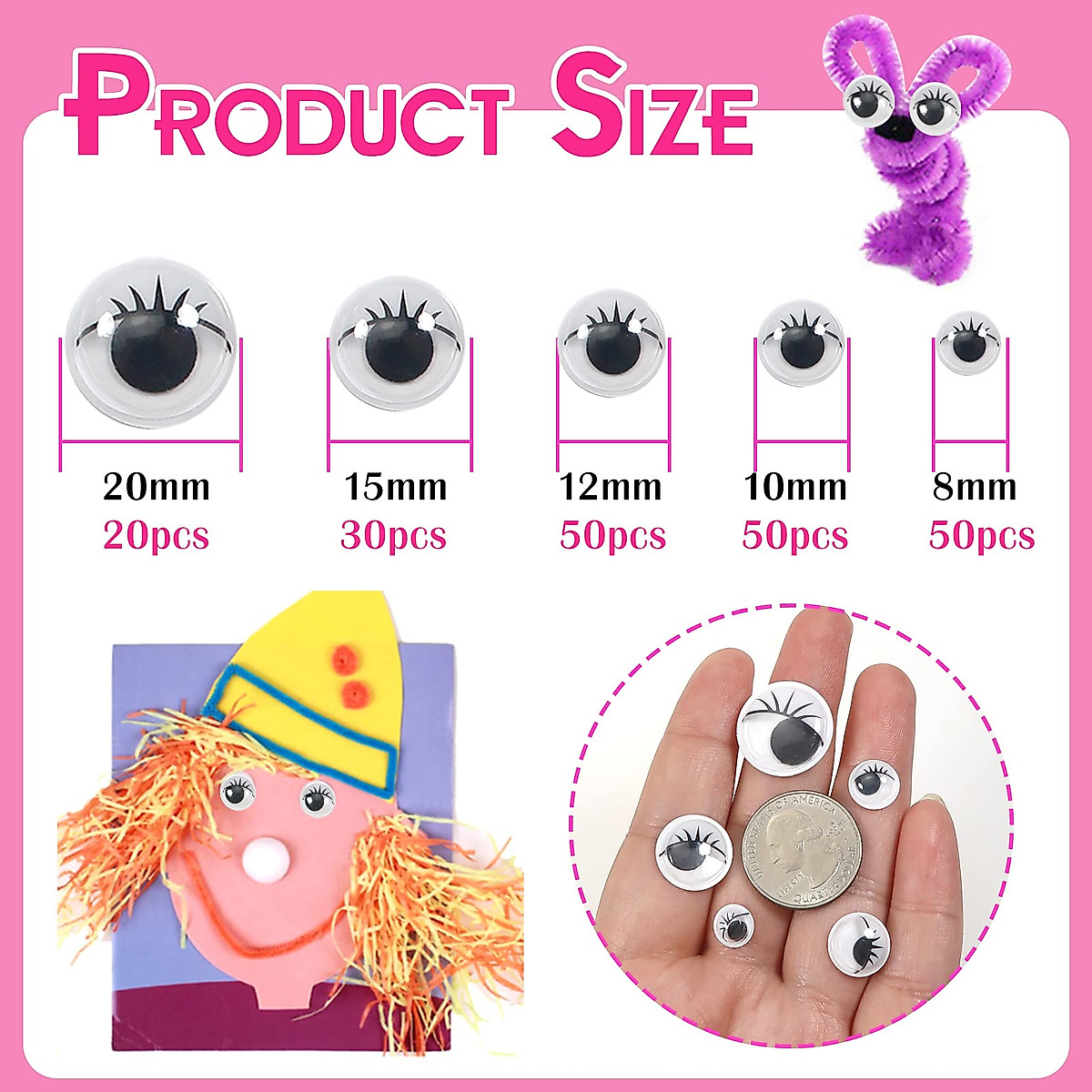 TOAOB 200pcs Black Wiggle Googly Eyes Self Adhesive with Eyelashes Round 8mm 10mm 12mm 15mm 20mm Plastic Sticker Eyes for DIY Crafts Scrapbooking Decoration