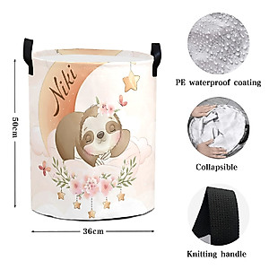 Cute Sloth Floral Round Storage Basket Personalized Name Laundry Basket Waterproof Nursery Hamper with Handle for Living Room Bedroom and Clothes