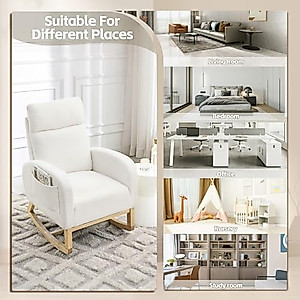 JEEOHEY Rocking Chair Nursery,Teddy Fabric Upholstered Baby Glider Rocker Chair,Comfy Accent Arm Chair with Side Pockets&Solid Wood Legs,Modern Nursing Single Sofa Chair for Living Room,Bedroom(White)