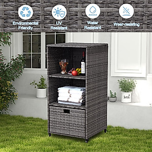 Kinpaw Outdoor Towel Cabinet with Drawer - Waterproof Storage Cabinet Organizer, Freestanding PE Rattan Wicker Shelf for Pool, Patio, Hot Tub Spa, Indoor, Smoke Grey