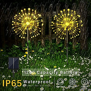 Solar Garden Lights, 4 Pack Solar Fireworks Lights Outdoor Waterproof Decorative Sparkles Pathway Light, 8 Lighting Modes Stake Lights with Remote for Garden Yard Flowerbed Pathway Parties (Warm)