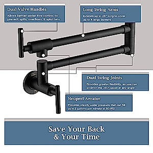 Sonnet Designs Pot Filler Faucet - Wall Mount Kitchen Sink Faucet - Heavy-Duty Solid Brass Pot Filler with Dual Swing Joints, Dual Valve, & Neoperl Aerator - Matte Black Kitchen Faucet