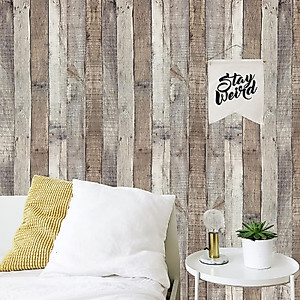Yun-aeon Natural Wood-Grey Wood Contact Paper Peel and Stick Wallpaper 17.3"x 200"Self Adhesive Removable Vintage Faux Wood Wall Paper Plank Shelf Home Decoration Kitchen Counter Cover Use