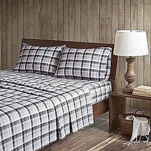 Woolrich Flannel 100% Cotton Sheet Set Warm Soft Bed Sheets with 14" Elastic Pocket, Cabin Lifestyle, Cold Season Cozy Bedding Set, Matching Pillow Case, Queen, Grey Plaid, 4 Piece