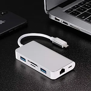 USB Hub Portable USB Hub 6 in 1 Type C USB 3.0 Hubs Type-C to 2xUSB3.0 RJ45 SD TF Card PD Charging Port Adapter Cable Converter for Laptop MacBook(Silver) (Color : Silver)