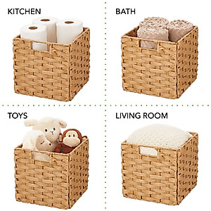 mDesign Woven Farmhouse Kitchen Cubby Food Storage Organizer Bin, Cube Container Organization for Pantry Cabinets, Cupboards, Shelves, Countertop, Store Potatoes, Onions, Fruit, 4 Pack, Camel Brown