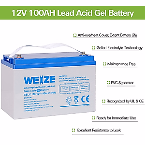WEIZE 12V 100AH Deep Cycle Gel Battery Rechargeable for Solar, Wind, RV, Marine, Camping, Wheelchair, Trolling Motor and Off Grid Applications