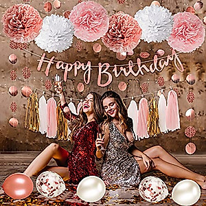 Rose Gold and Pink Birthday Party Decorations Set with Happy Birthday Banner,DIY Cake Topper,Circle Dots Garland,Hanging Swirls,Tissue Paper Pompoms,Paper Tassels Garland,Confetti Balloons for Man Women Birthday Party Decorations