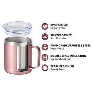 SUNWILL Coffee Mug with Handle, 14oz Insulated Stainless Steel Coffee Travel Mug, Double Wall Vacuum Reusable Coffee Cup with Lid, Rose Gold