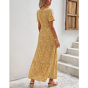 Maggeer Womens 2025 Summer Spring Wedding Guest Long Dresses Boho Maternity Baby Shower Mothers Day Smocked Floral Maxi Dress with Sleeves Mustard XS