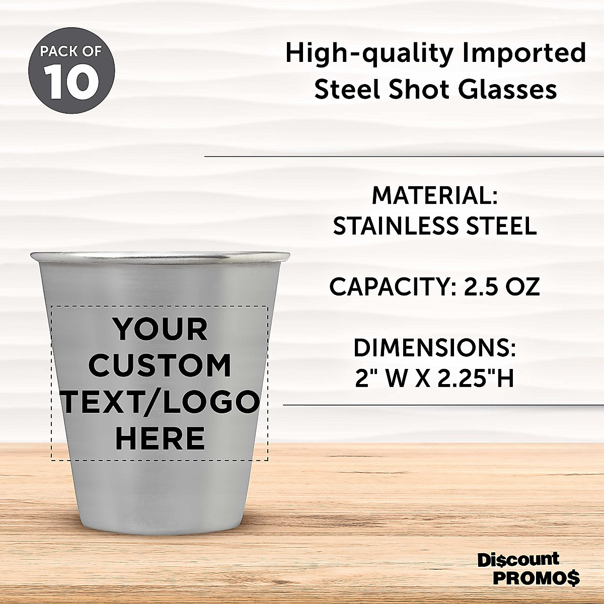 Custom Metal Shot Glasses 2.5 oz. Set of 10, Personalized Bulk Pack - Great for Weddings, Birthdays, Parties - Stainless Steel